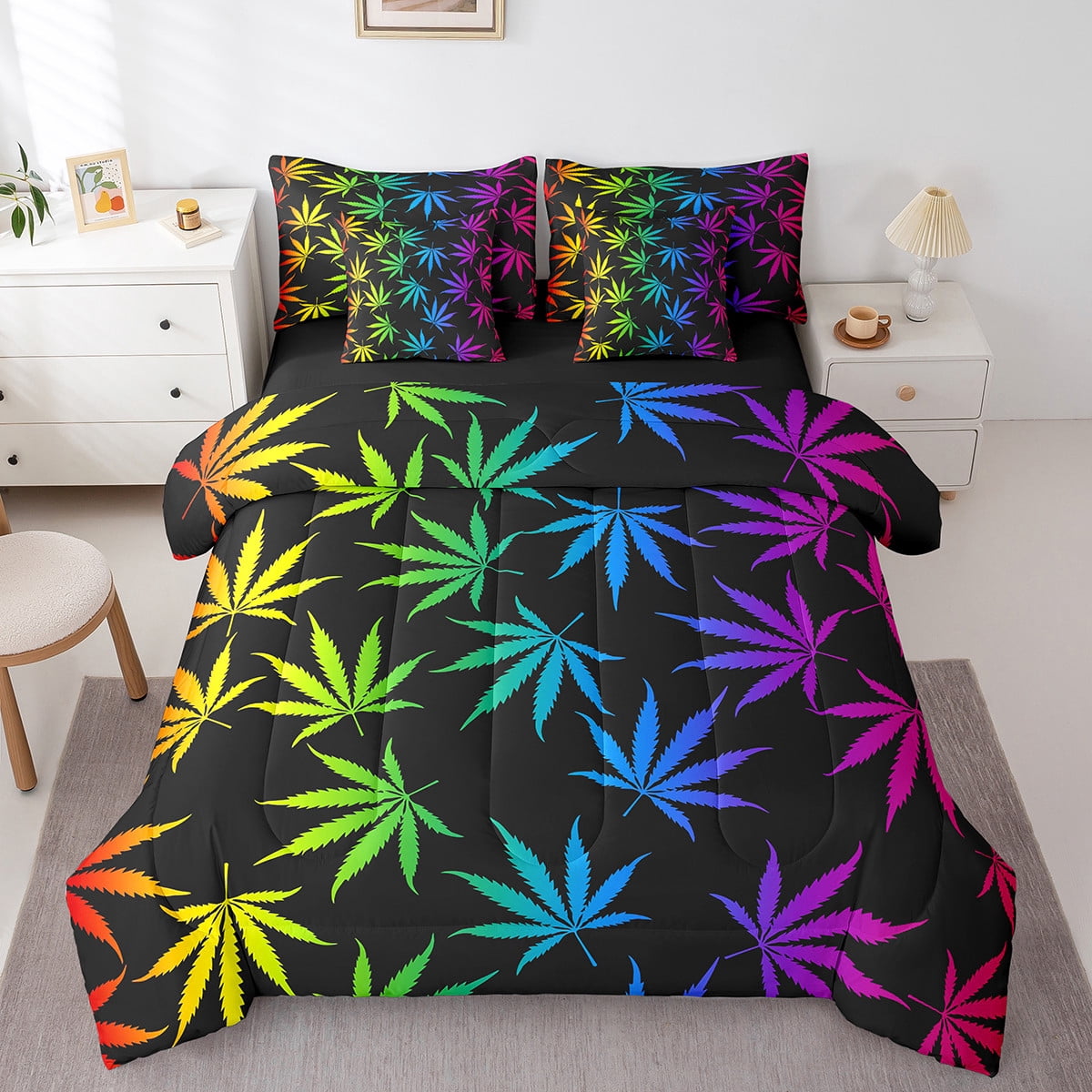 Manfei Colorful Neon Leaves Bedding Queen Size,Tropical Botanical Leaf ...
