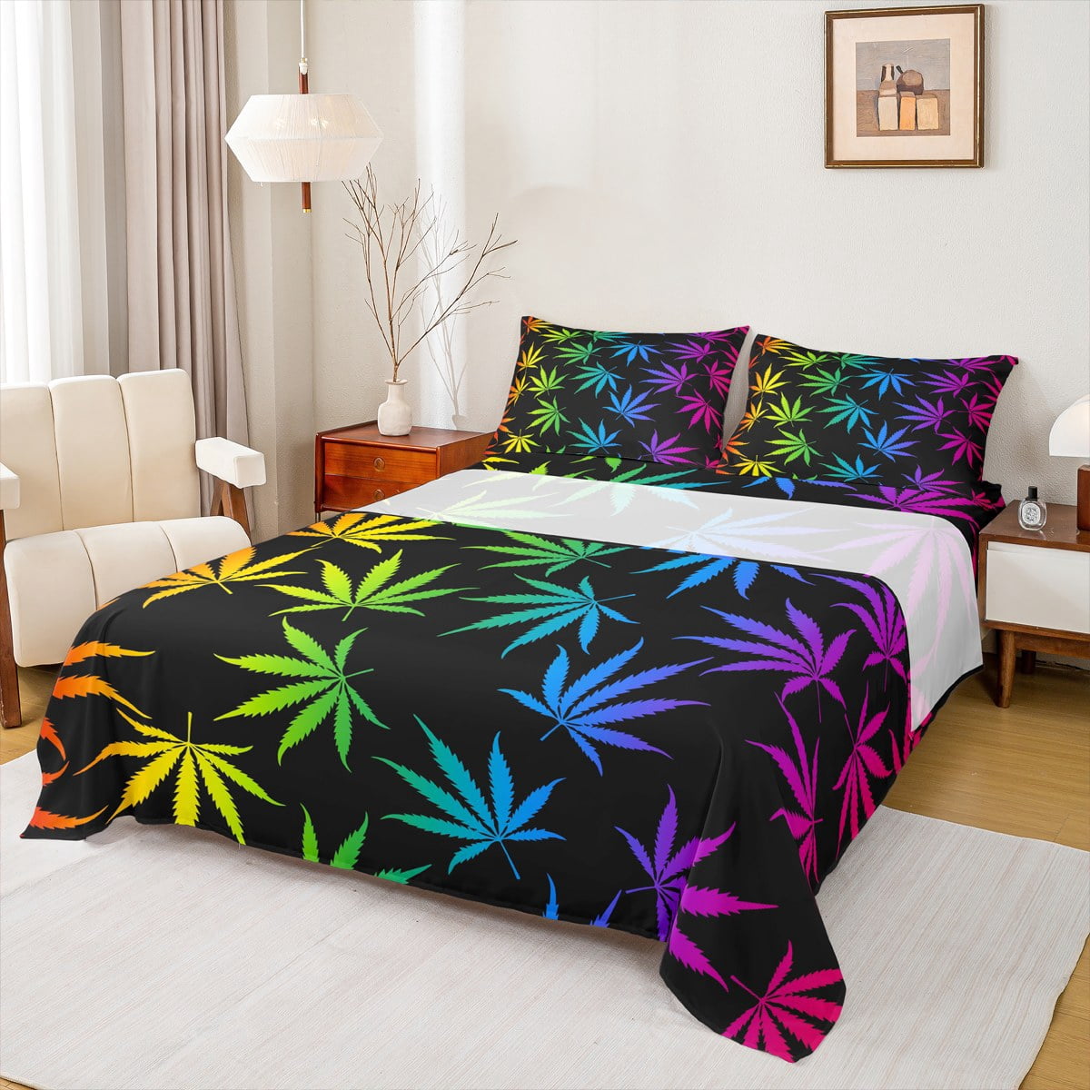 Manfei Colorful Neon Leaves Sheet Set King,Tropical Botanical Leaf ...