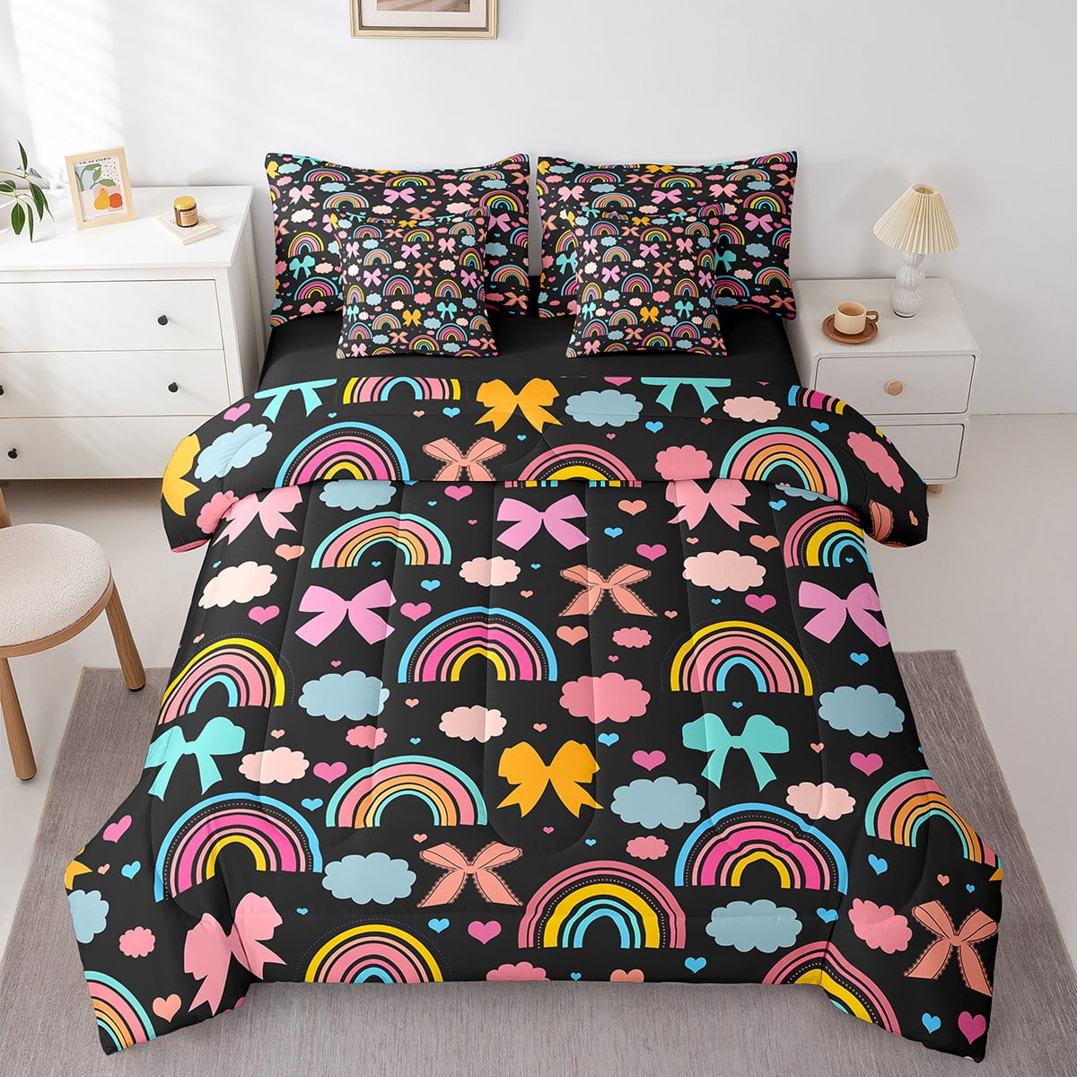 Manfei Colorful Rainbow Bedding Comforter Set 7pcs,Cute Bowknot Bow ...