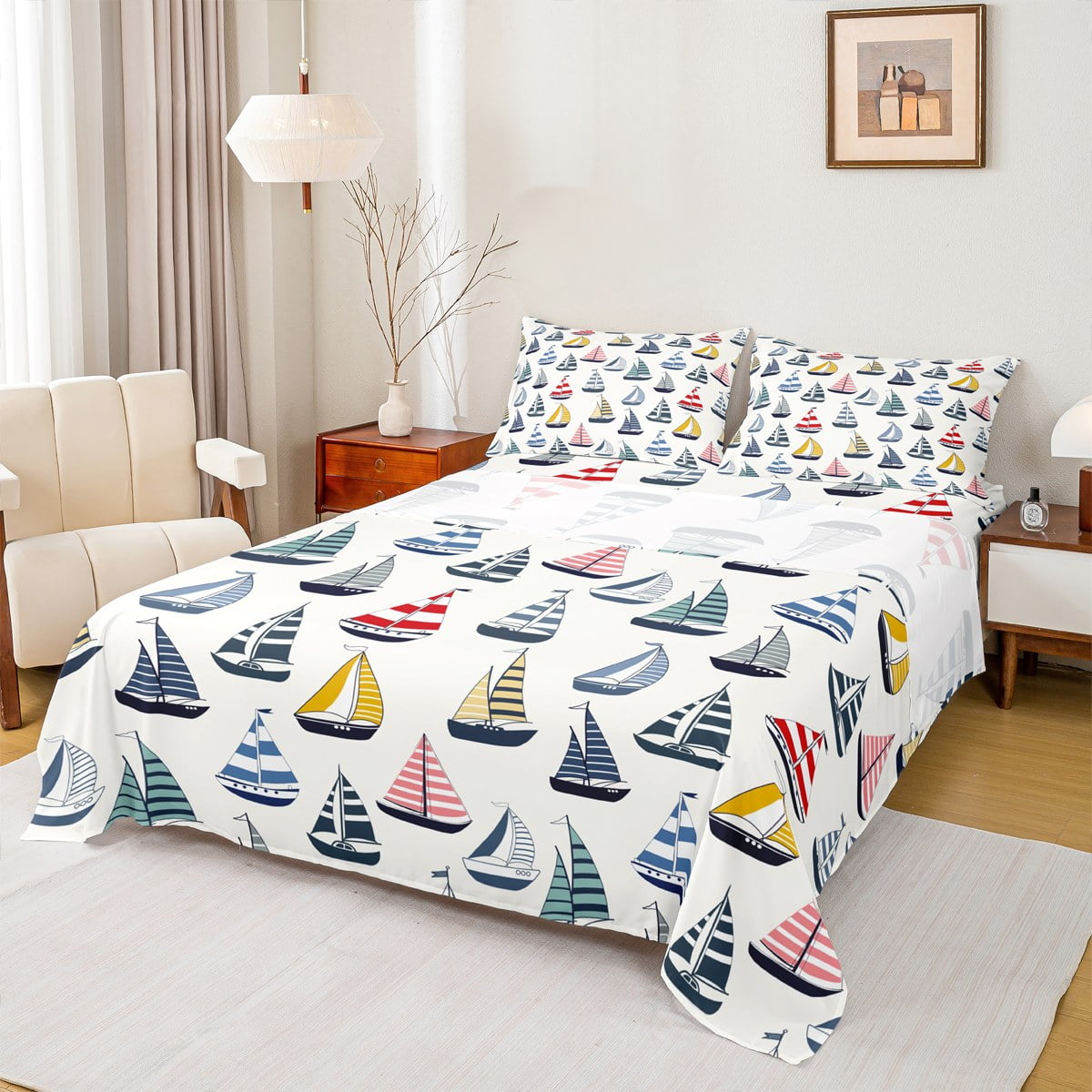 Manfei Colorful Sailboat 4pcs Bed Sheets for Kids, Ocean Sailing King ...