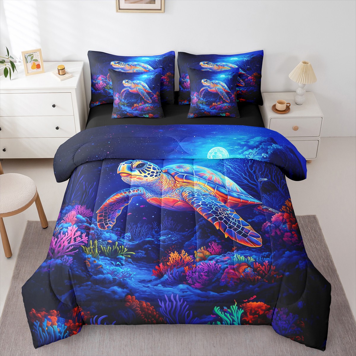 Manfei Colorful Sealife Trutle Bedding Comforter Set 7-Piece,Watercolor ...