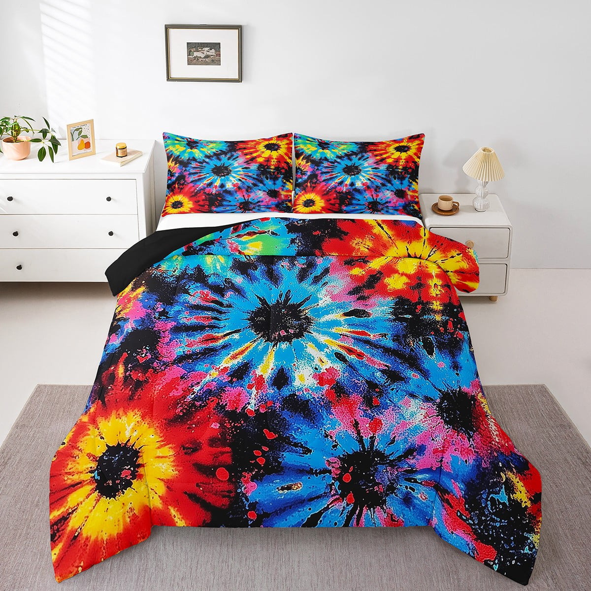 Manfei Colorful Tie Dye Queen Comforter Set,Abstract Flower Bedding ...