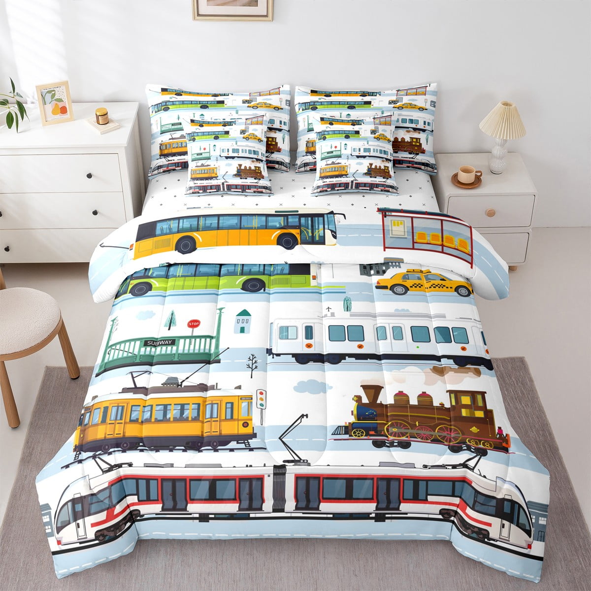 Manfei Colorful Tramcar Bedding Comforter Set 7 Pieces,Cartoon Car Full ...
