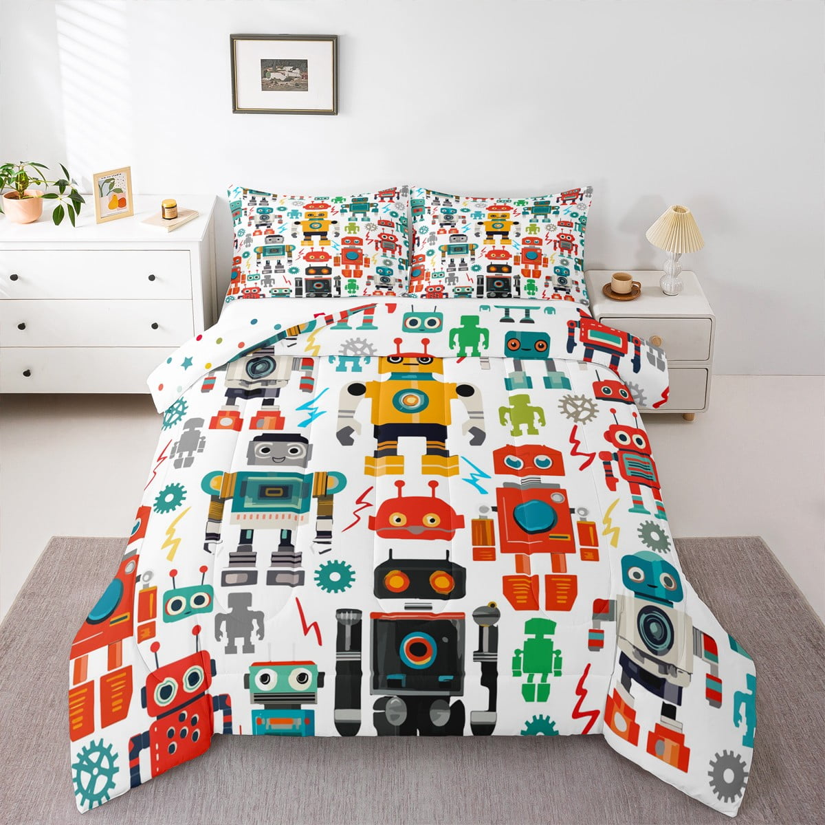Manfei Colortful Robot Queen Comforter Set,Kids Toy Bedding Sets,Modern ...