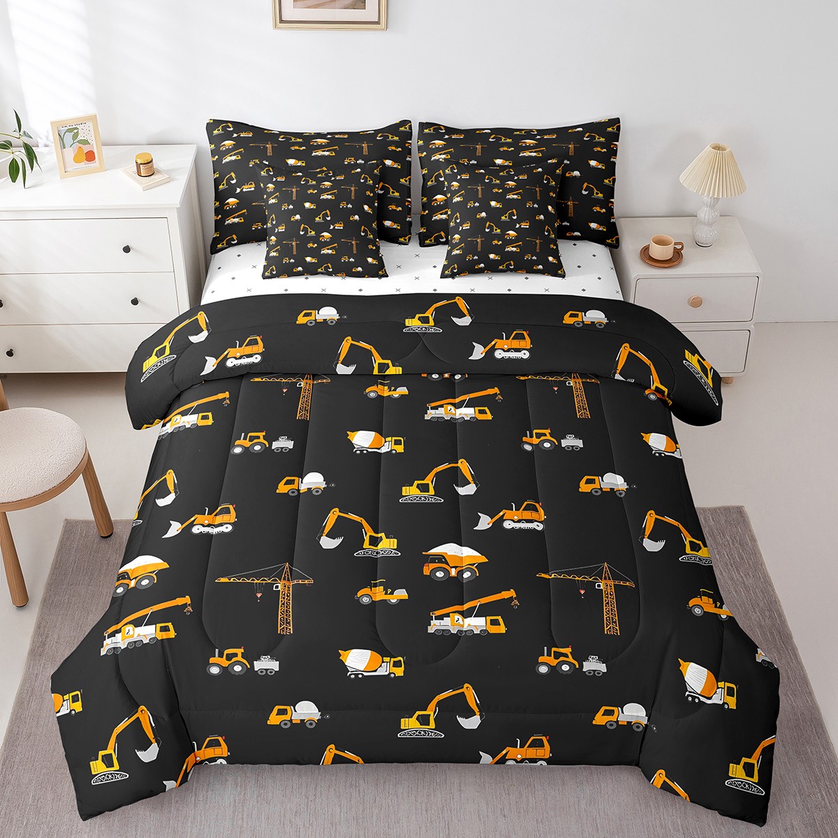 Manfei Construction Truck Bedding Comforter Set 7pcs, Cartoon Vehicle ...