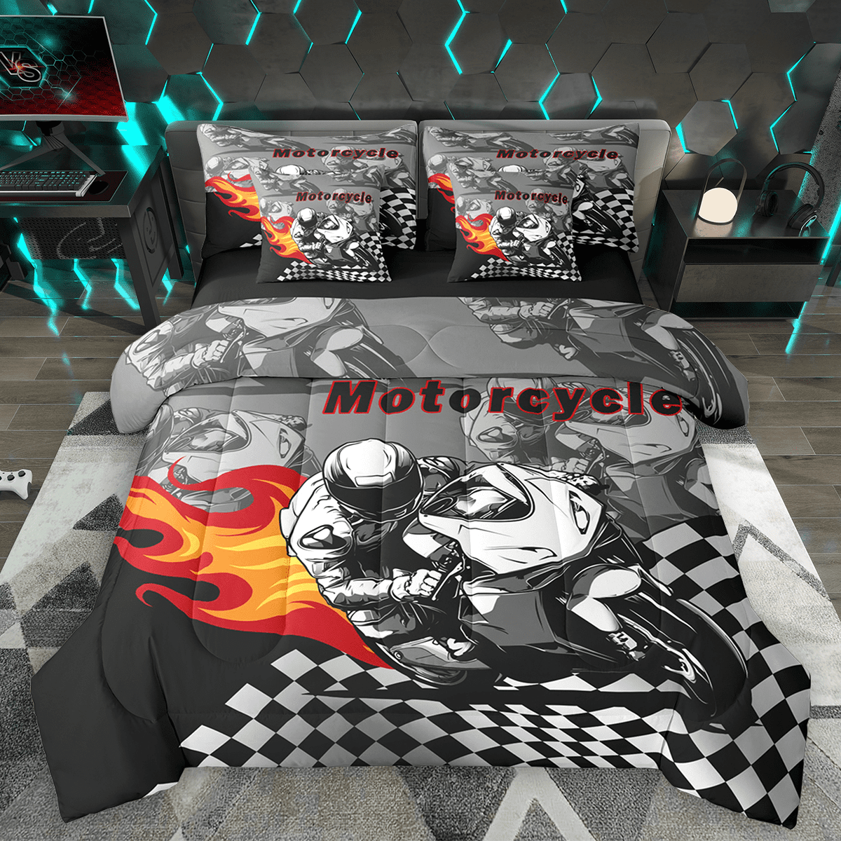 Manfei Cool Motorcycle Bedding Comforter Set 7 Pieces for Boys Men ...