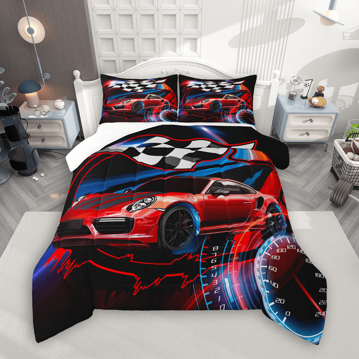 Manfei Cool Race Car Queen Comforter Set 3 Pieces for Teen Boys ...
