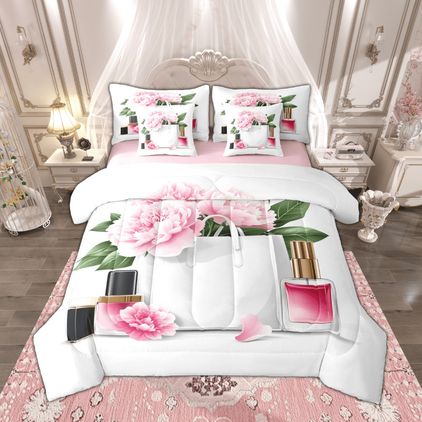 Manfei Cosmetics Theme Bedding Comforter Set 7 Pieces for Girls, Pink ...