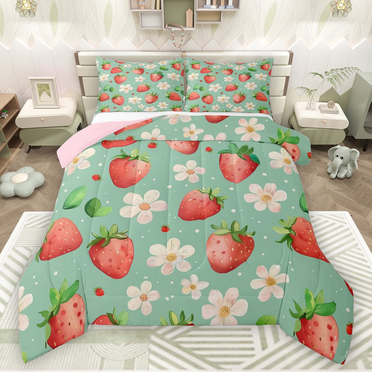 Manfei Country Floral Queen Comforter Set,Cute Strawberries Bedding ...