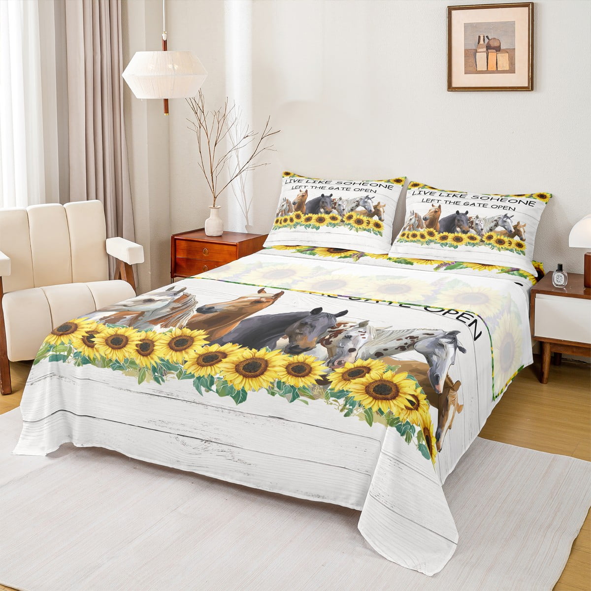 Manfei Country Horse Sunflower Full Size Sheets,Rustic Farmhouse Cabin ...