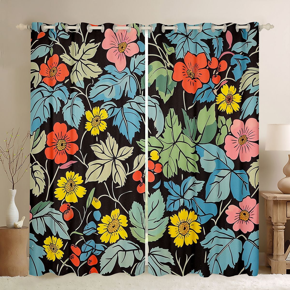 Manfei Country Plant Floral Blackout Curtains Set of 2 (52x84 Each ...