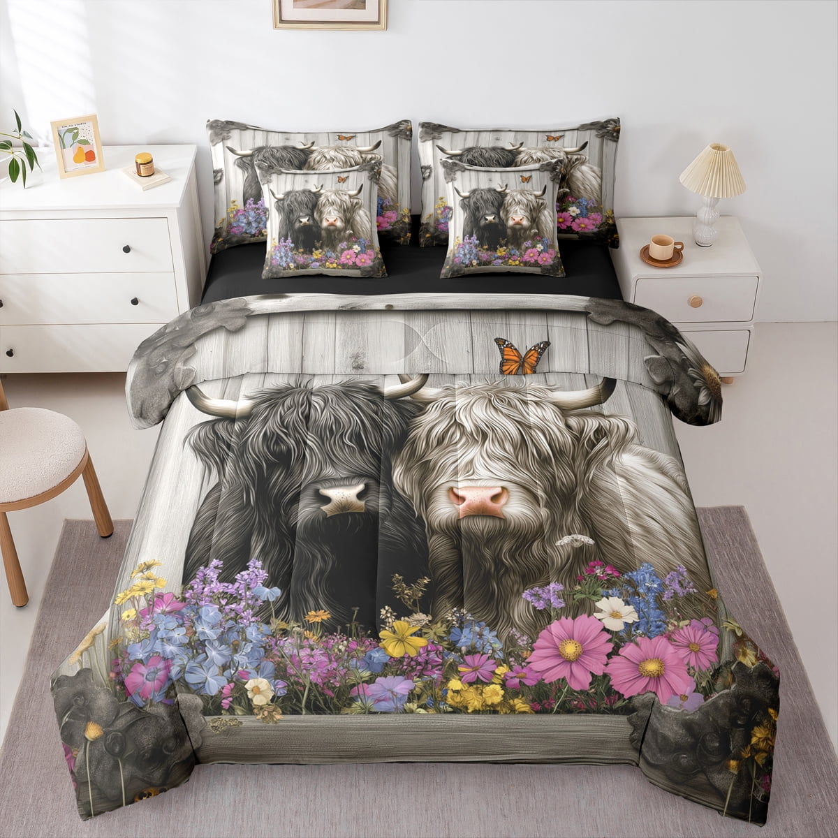 Manfei Couple Highland Bull Bedding Comforter Set 7-Piece, Kawaii Farm ...
