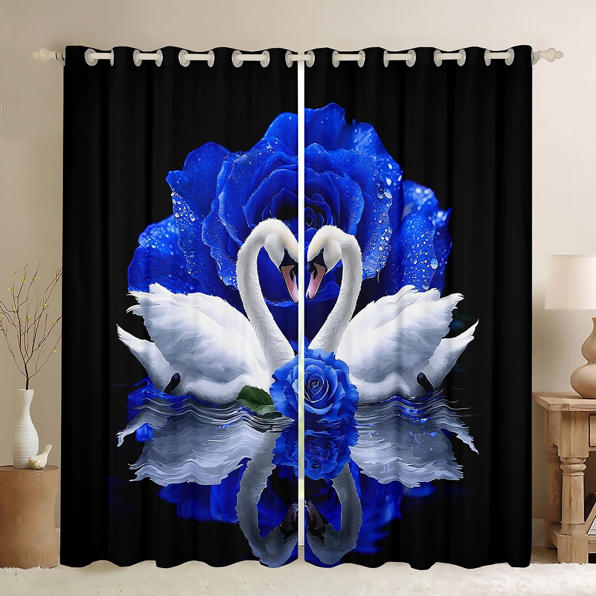 Manfei Couple Swan Curtains Pack of 2 (42x84 Each), Blue Floral ...