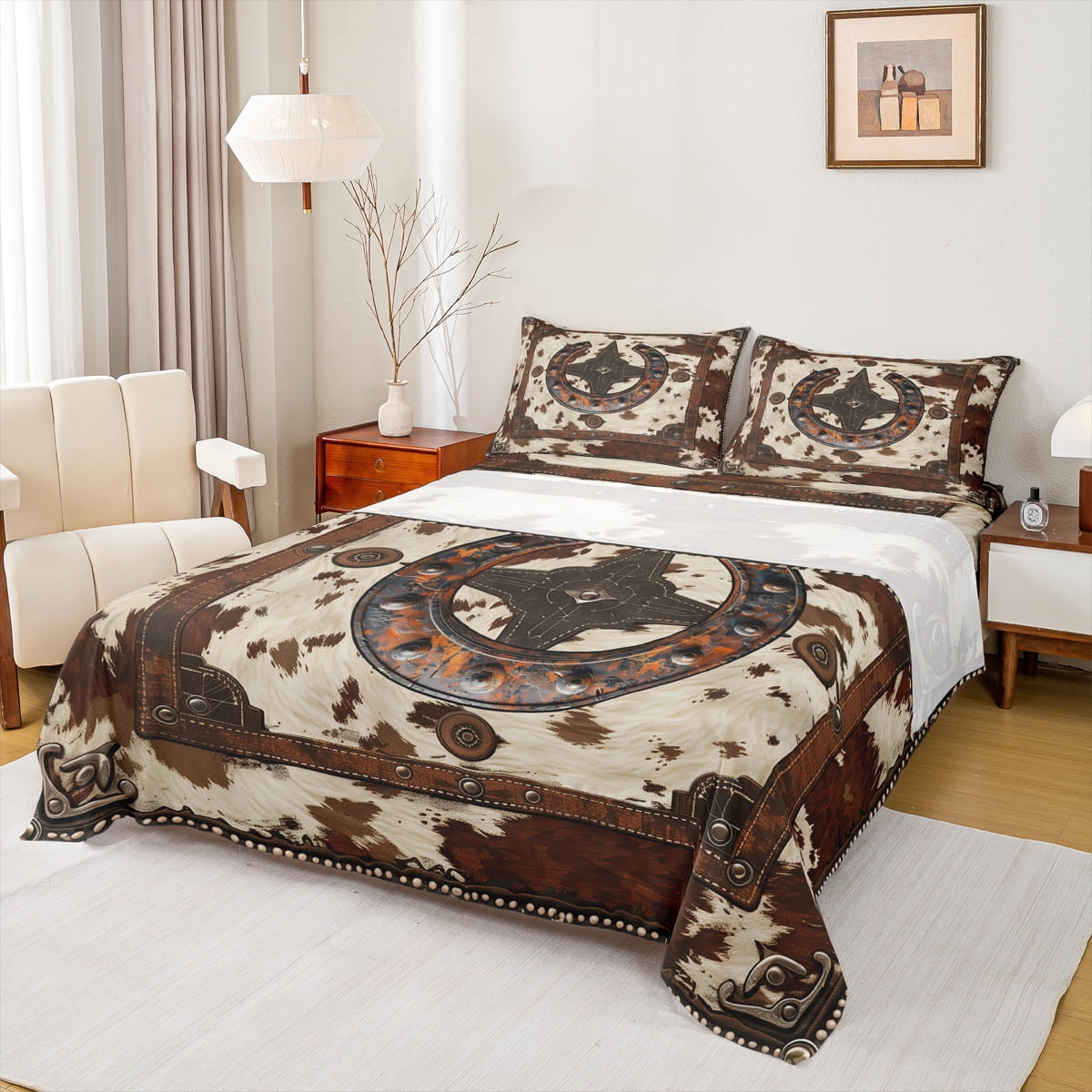 Manfei Cow Hide Print Full Size Sheets,Retro Western Horseshoe Bed ...