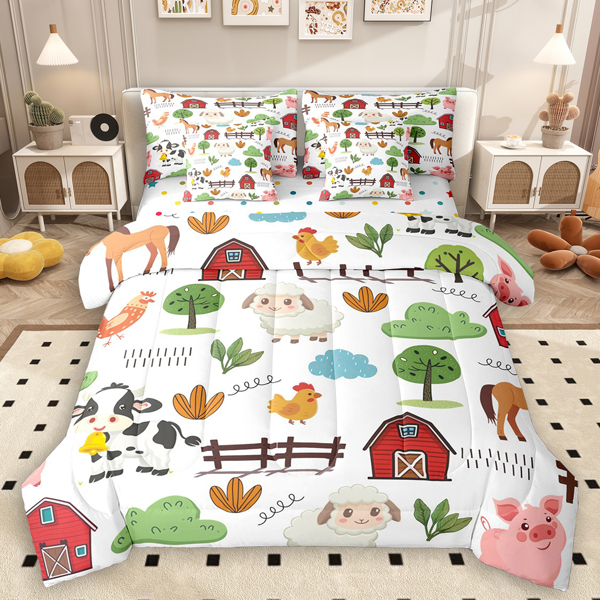 Manfei Cow Sheep Pig Twin Bedding Sets 7pcs, Cute Horse Rooster Bedding ...