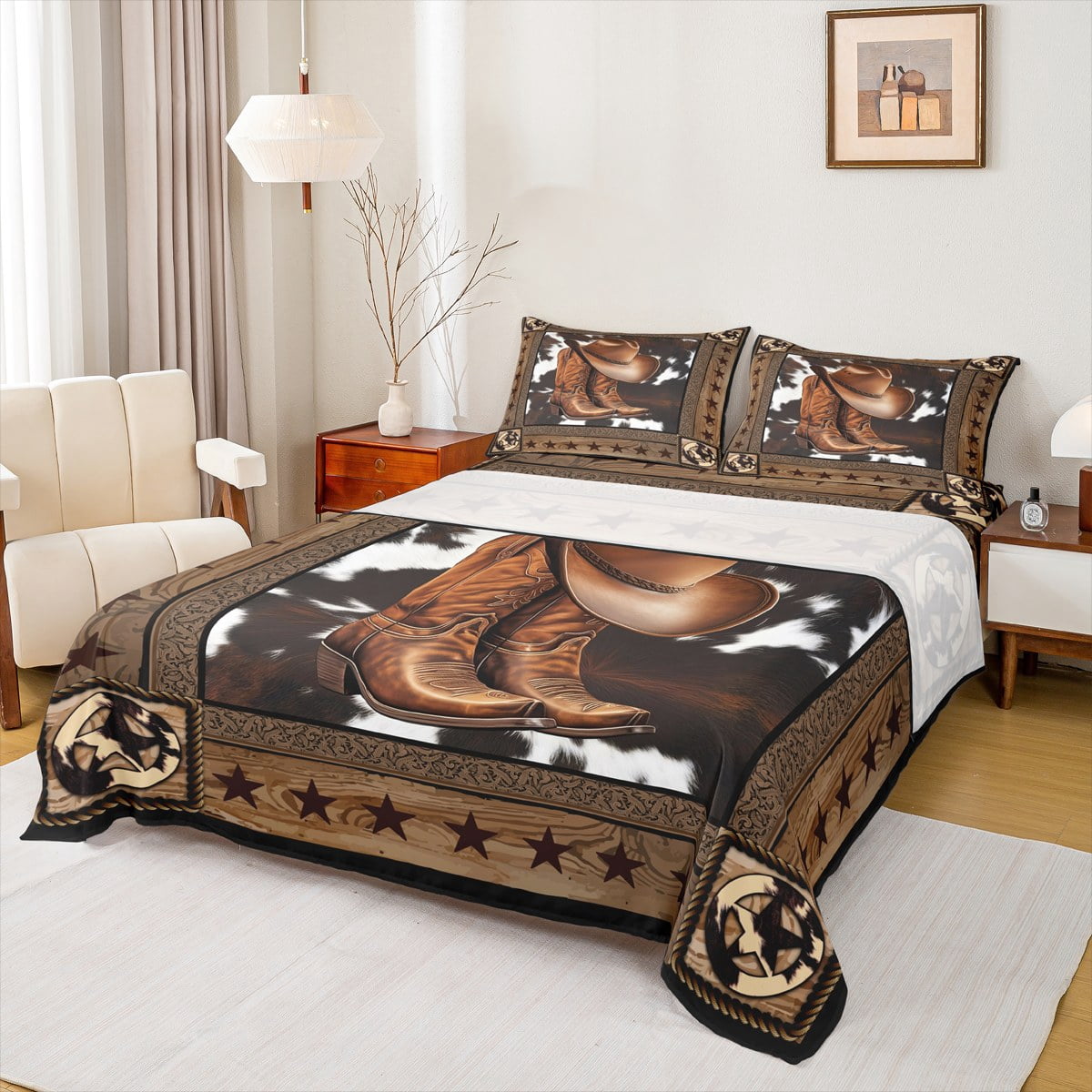 Manfei Cowboy Hat Boots Sheet Set Queen,Brown Stars Print Bedding Sets ...