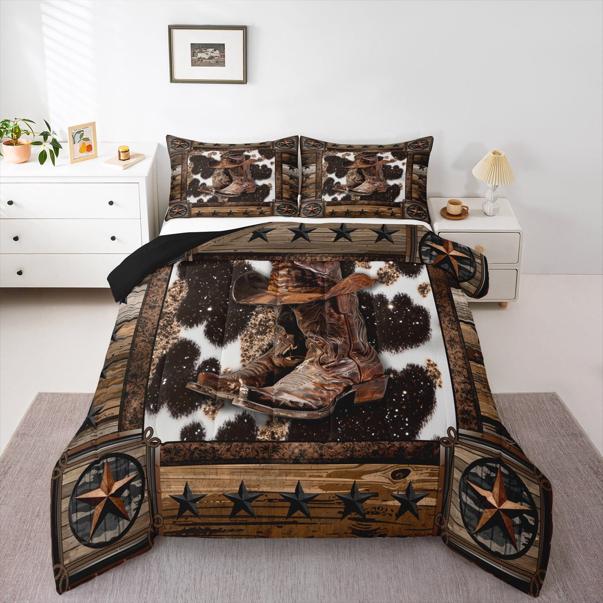 Manfei Cowgirl Boot Bedding Sets Queen with Comforter, Texas Stars ...