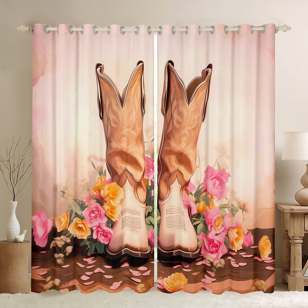 Manfei Cowgirl Boot Curtains Pack of 2 (52x84), Rustic Flower Curtains ...