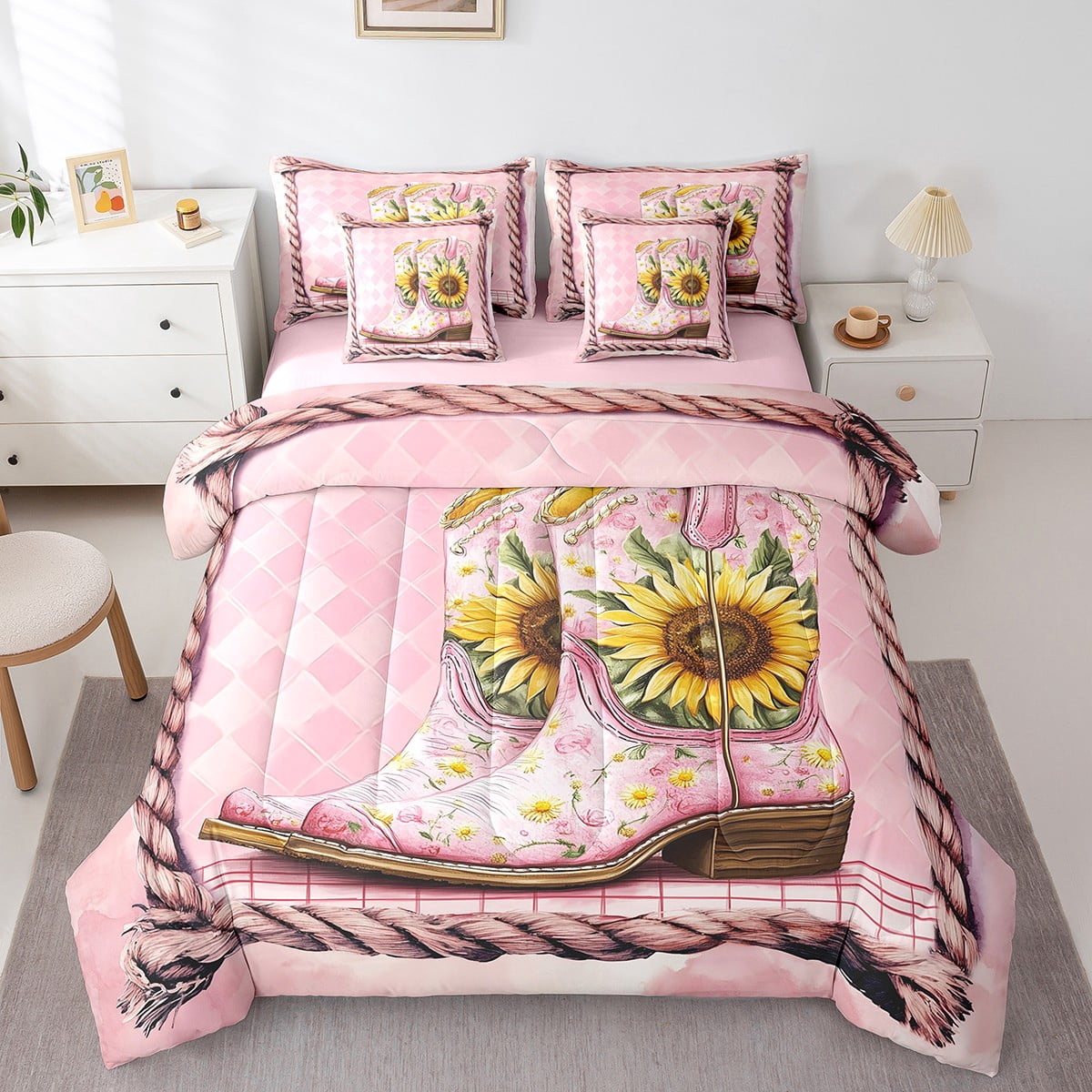Manfei Cowgirl Princess Bedding Sets Queen Size, Pink Boot Bed in a Bag ...