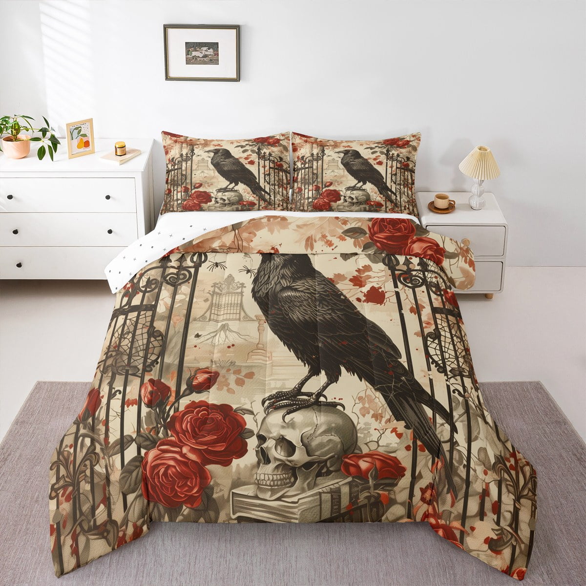 Manfei Crow Skull 3 Pieces Queen Comforter Set,Red Rose Ultra Soft ...