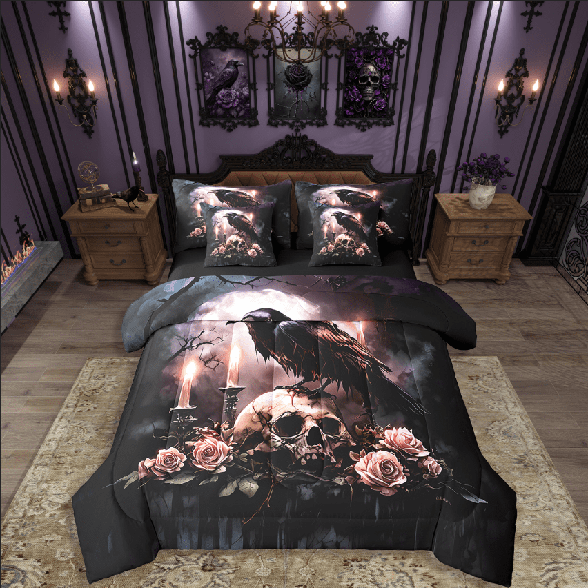 Manfei Crow Skull 7-Piece Twin Bedding Sets,Pink Flower Bedding ...