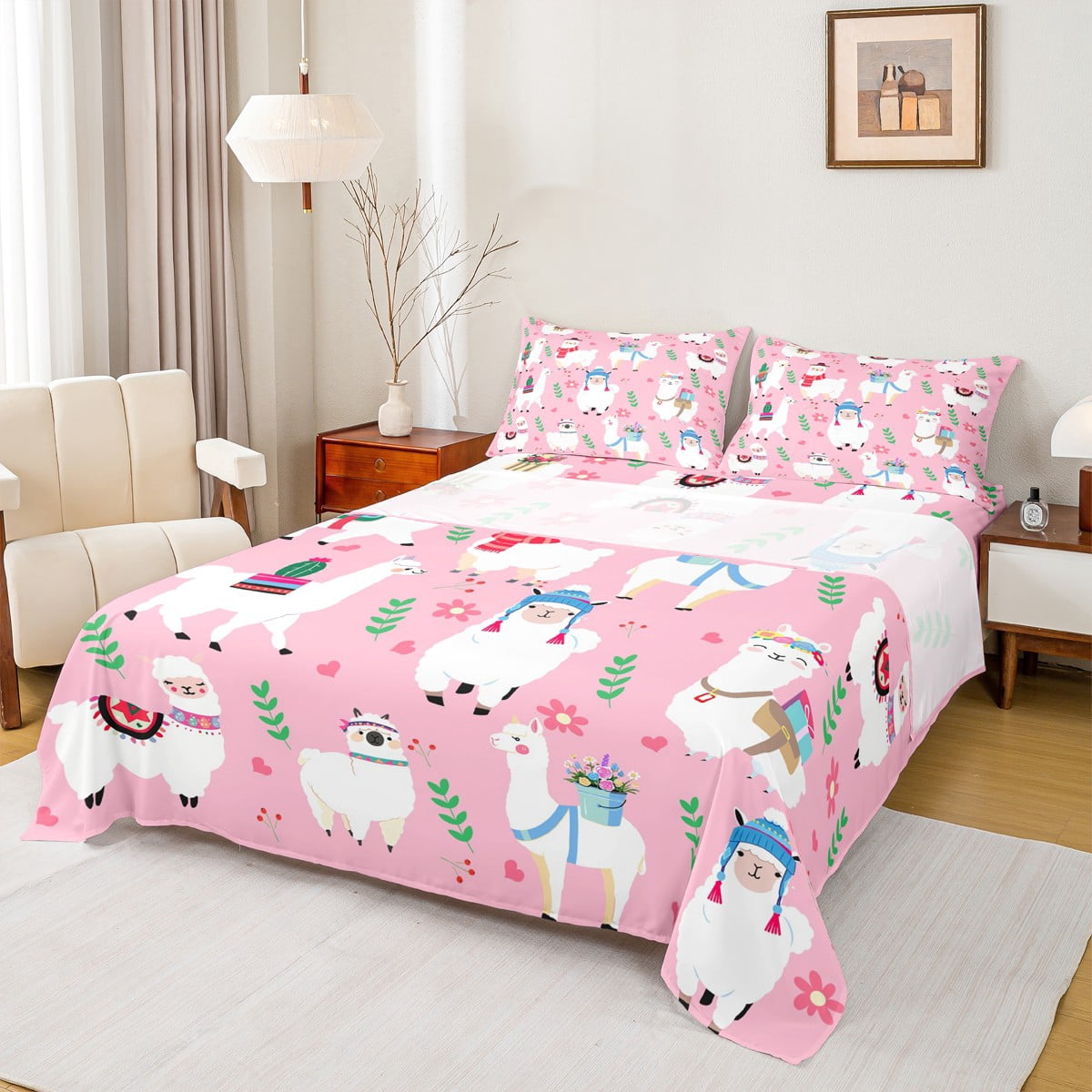 Manfei 3-Piece Twin Sheet Set - Cute Alpaca Pink Flower - Walmart.com