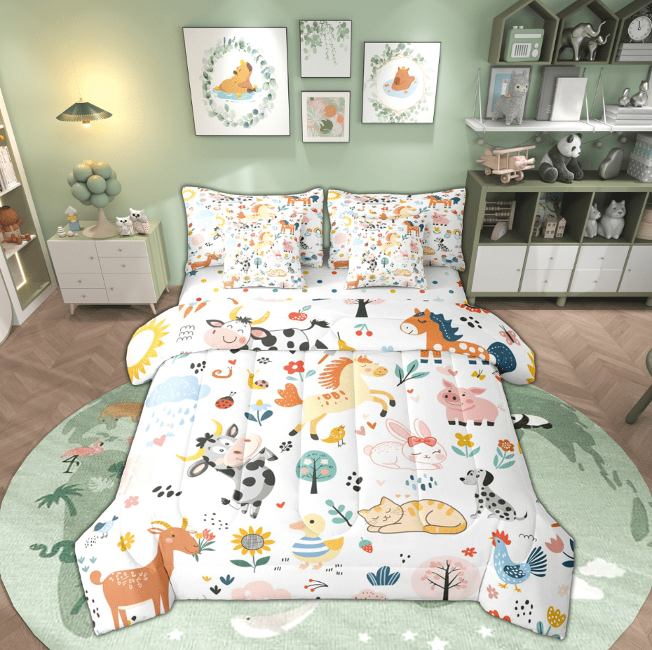Manfei Cute Animal Lover Bedding Comforter Set 7pcs, Cow Cat Horse ...
