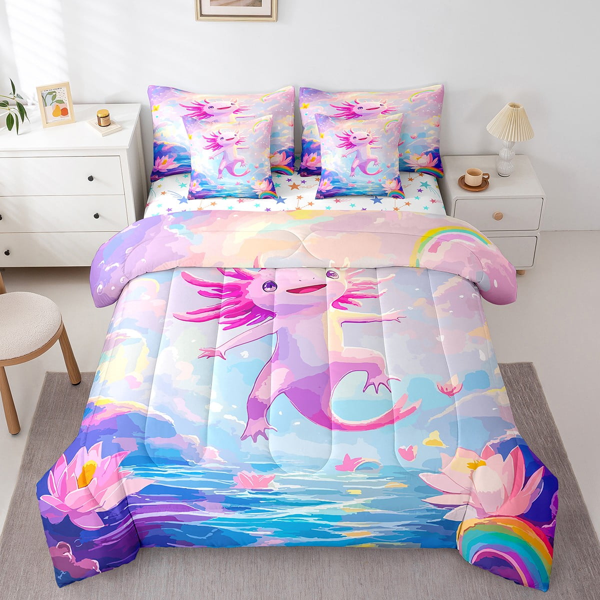 Manfei Cute Axolotl 7 Pieces Bedding Comforter Set,Floral Lotus Full ...