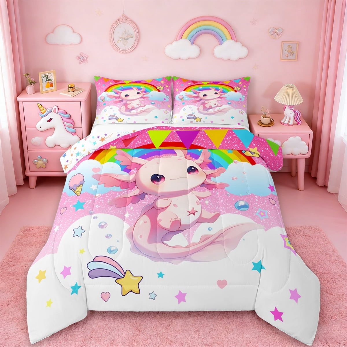 Manfei Cute Axolotl Bedding Comforter Set,Colorful Triangle Stars Twin ...