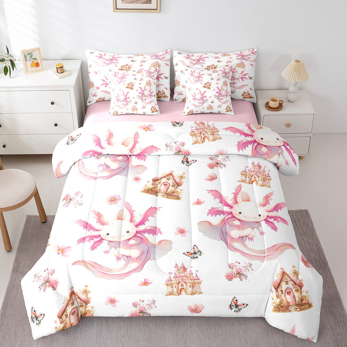 Manfei Cute Axolotl Bedding Queen Size,Cartoon Animal Comforter Sets with Sheets,Pink Dreamy ...