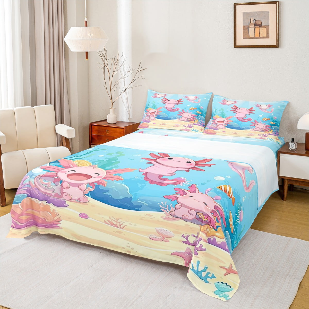 Manfei Cute Axolotl Full Sheet Sets,Colorful Cartoon Animal Bedding Full Size,Ocean Sealife ...