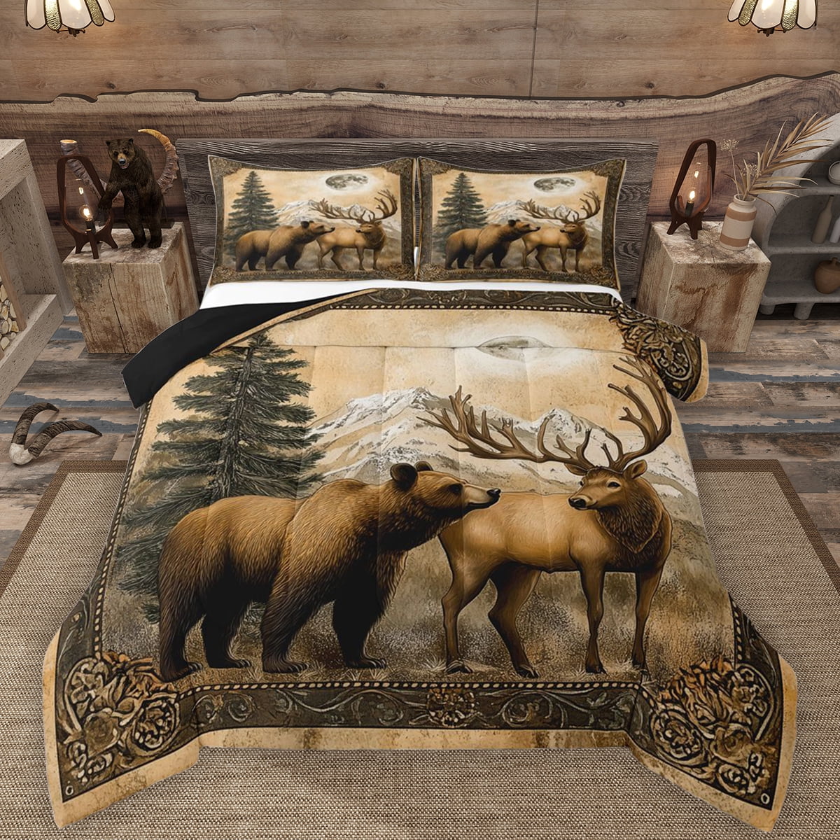 Manfei Cute Bear Deer Queen Comforter Set,Jungle Wildlife Farmhouse ...