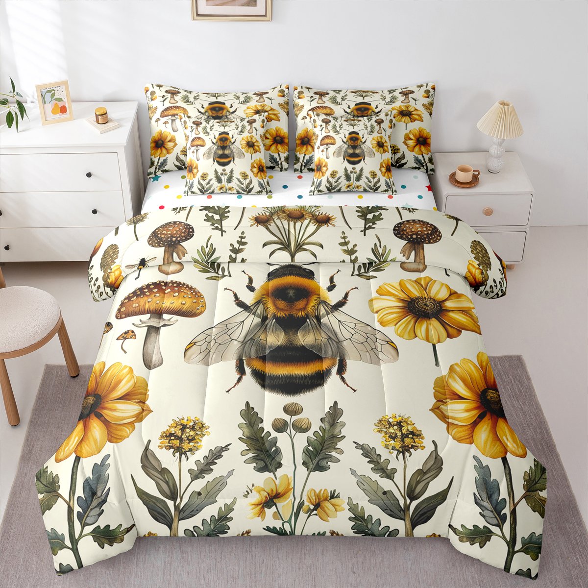 Manfei Cute Bee Bedding Comforter Set 7 Piece Rustic Flower Floral King Manfei Cute Bee Bedding Comforter Set 7 Piece Rustic Flower Floral King