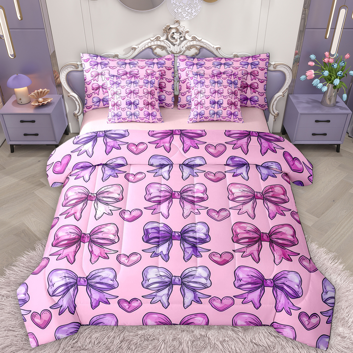 Manfei Cute Bow Knot 7pcs Bedding Comforter Set,Cartoon Bowtie Print ...