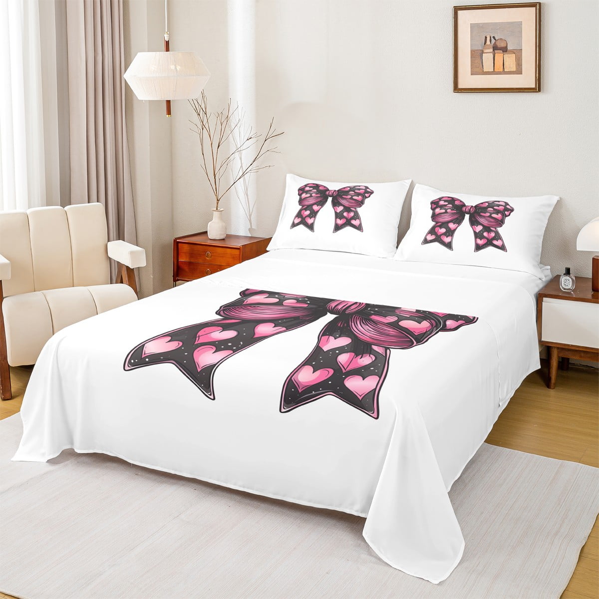 Manfei Cute Bow Knot Full Size Sheets,Cartoon Lovea Pattern Bed Sheets ...
