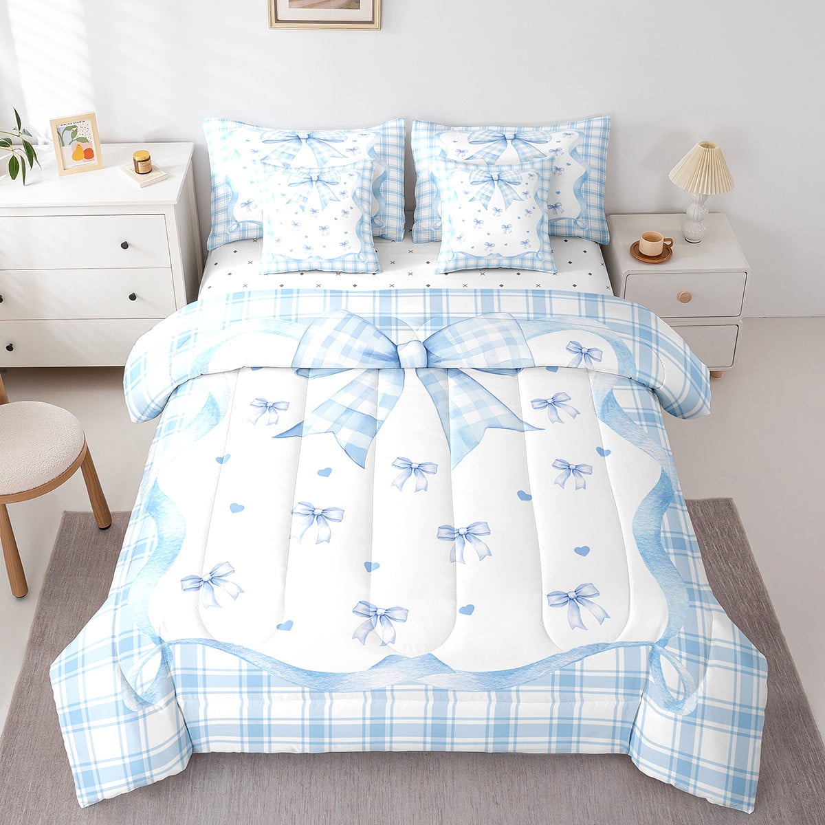 Manfei Cute Bowknot Bed in a Bag Queen Size,Geometric Plaid Bed Set ...