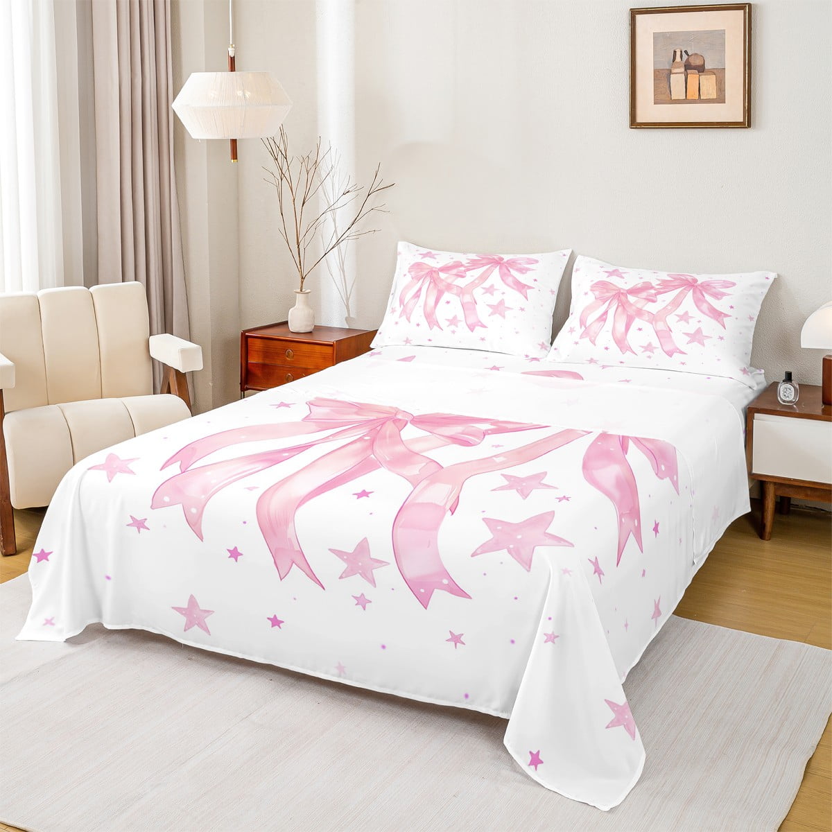 Manfei Cute Bowknot Bed Sheets,Kawaii Bowtie Bow King Sheets,Pink ...