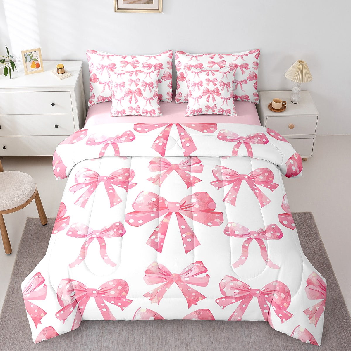 Manfei Cute Bowknot Bedding Comforter Set 7 Pieces,Ribbon Bow Queen ...