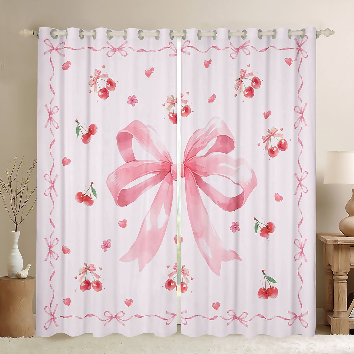 Manfei Cute Cartoon Bow Curtains and Drapes,Kawaii Cherry Black Out ...