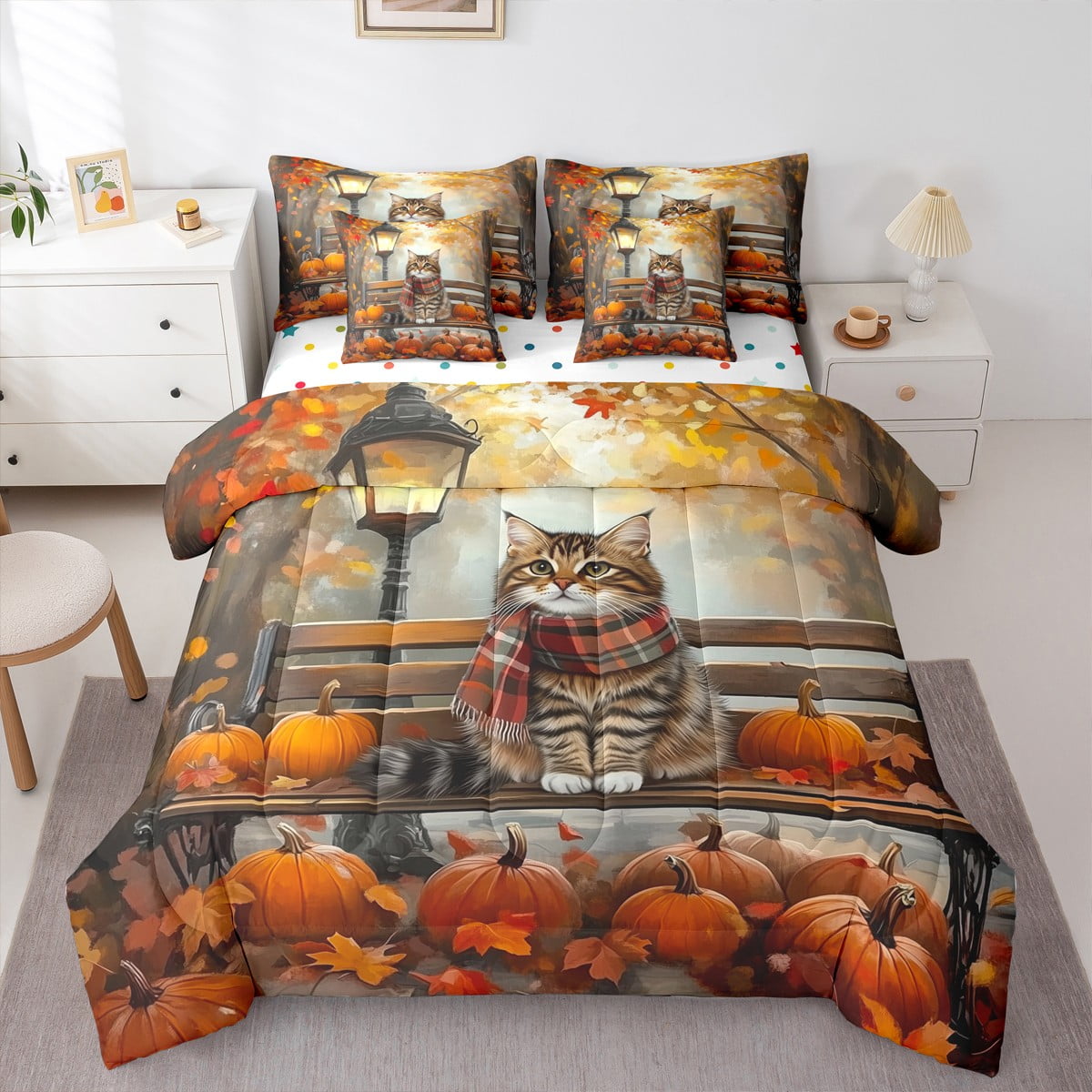 Manfei Cute Cartoon Cat 7 Pieces Bedding Comforter Set,Autumn Maples ...