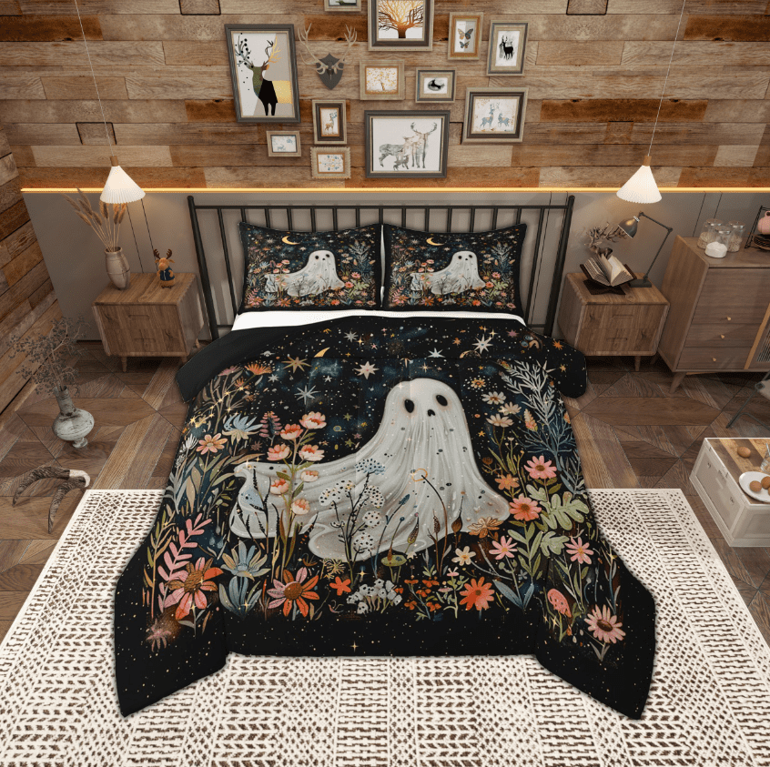 Manfei Cute Cartoon Ghost Bedding Comforter Set,Watercolor Flower ...