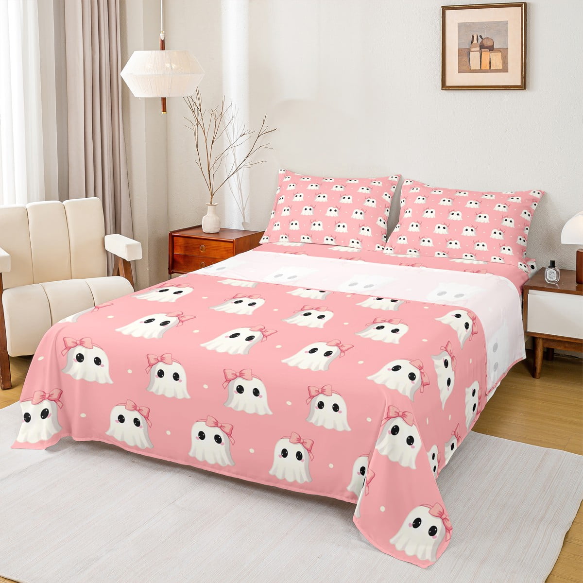 Manfei Cute Cartoon Ghost Twin Sheet Sets, Kawaii Pink Ribbon Twin ...