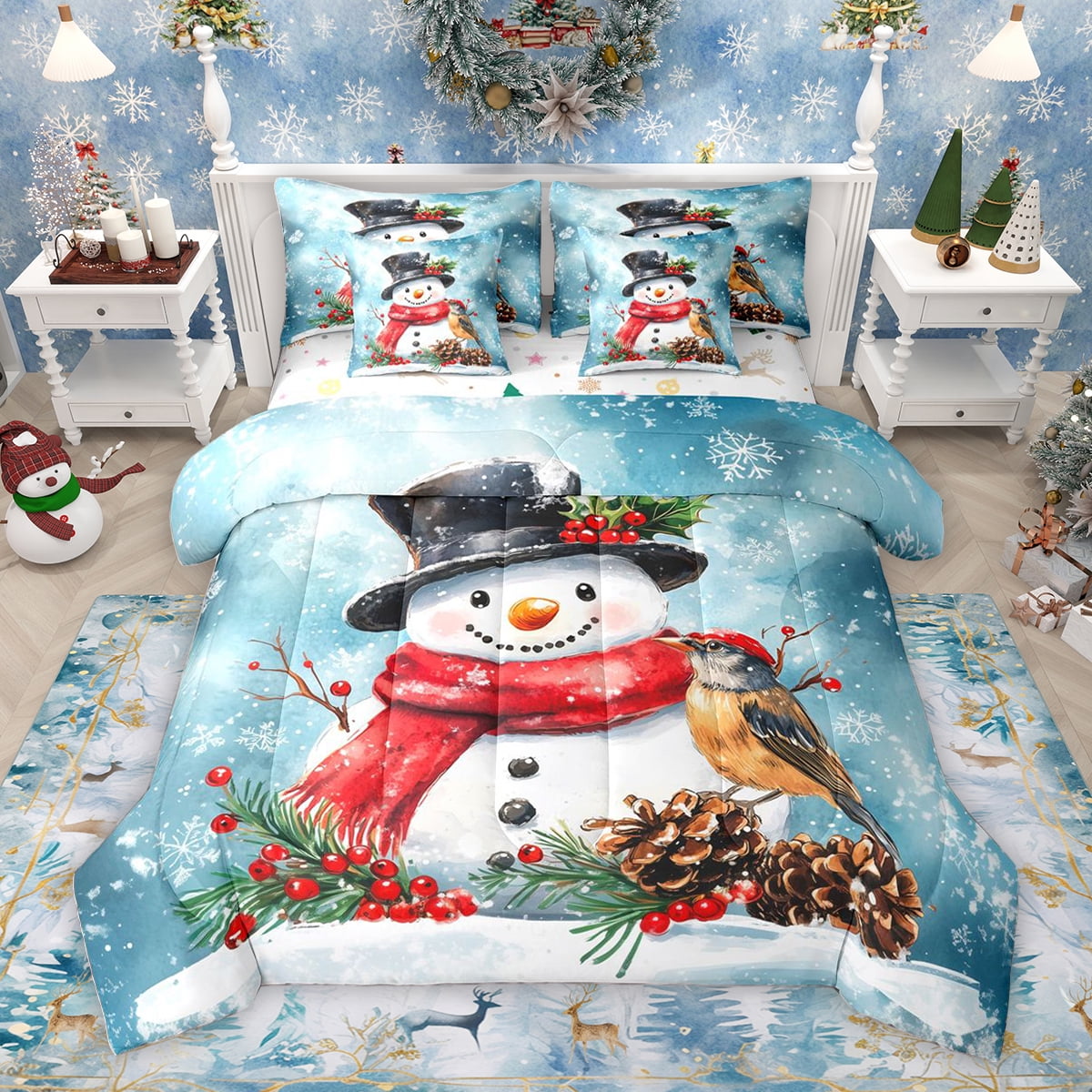 Manfei Cute Cartoon Snowman Bedding Comforter Set 7 Pieces, Winter ...