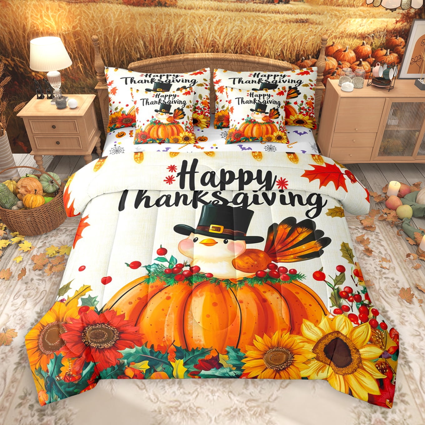 Manfei Cute Cartoon Turkey 7 Pieces Bedding Comforter Set,Happy ...