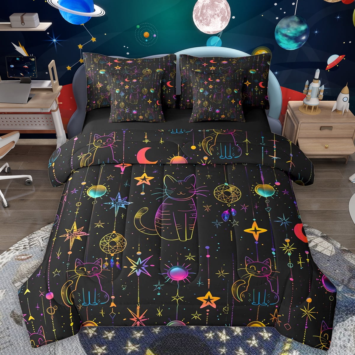 Manfei Cute Cat 7pcs Bedding Comforter Set,Galaxy Stars Print Queen ...