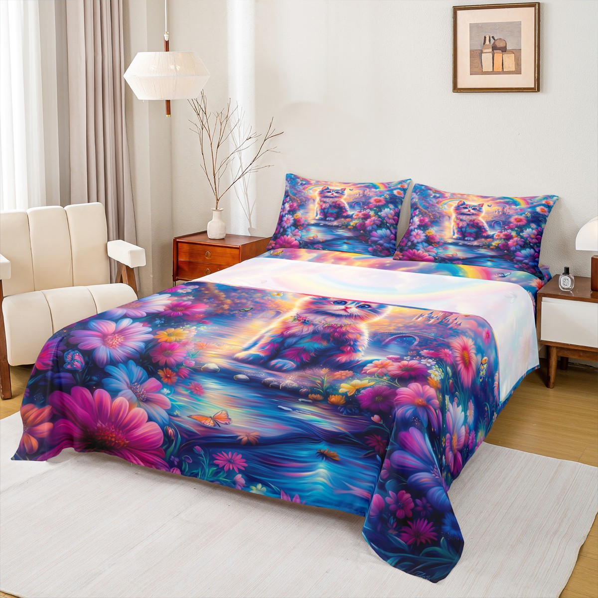Manfei Cute Cat Bed Sheets Set King Size,Pet Animal Bedding Sets King ...
