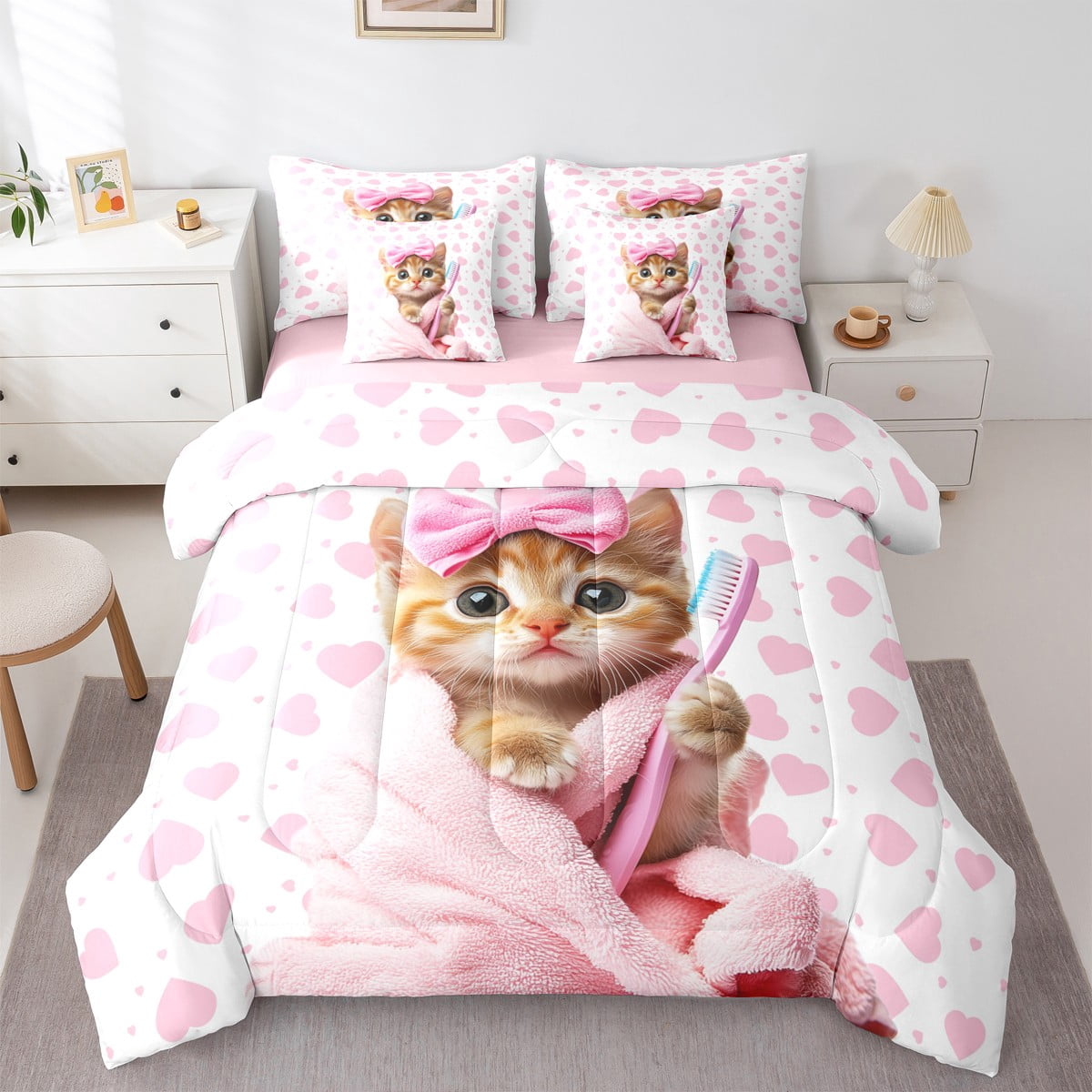 Manfei Cute Cat Kitten Bedding Comforter Set 7pcs,Kawaii Bowtie Loves ...