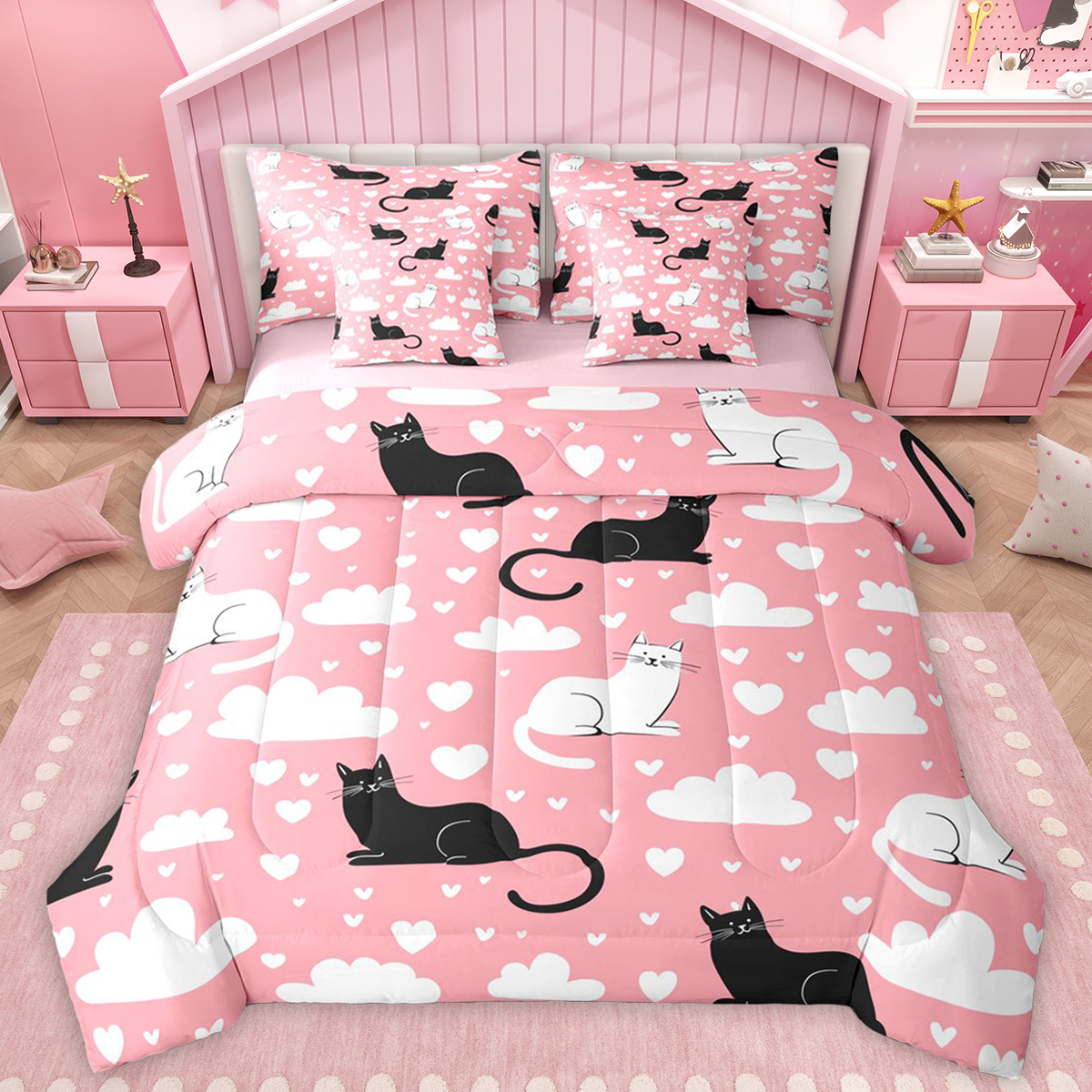 Manfei Cute Cat Kitten Bedding Comforter Set 7pcs for Teen, Cloud Love ...