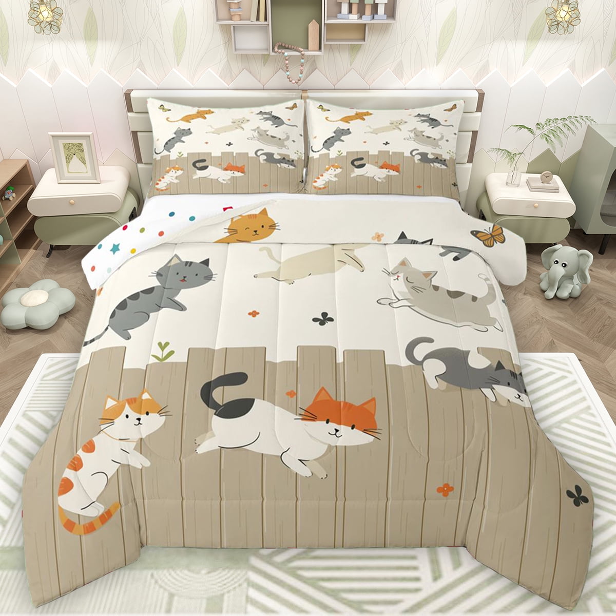Manfei Cute Cat Kitten Bedding Comforter Set for Girl, Garden Butterfly ...