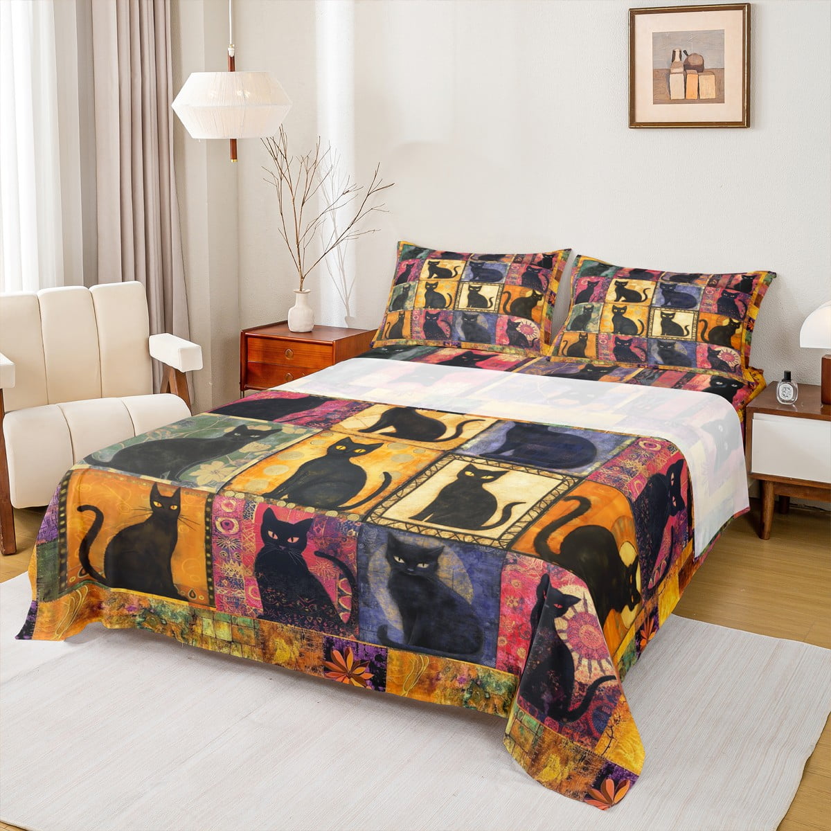 Manfei Cute Cat Twin Sheet Sets,Geometric Patchwork Plaid Twin Fitted ...